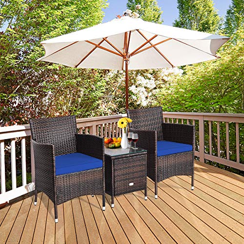 DORTALA 3 Piece Patio Furniture Set, Outdoor Rattan Conversation Set with Coffee Table, Chairs & Thick Cushions, Patio Sectional Sofa Set, Wicker Bistro Set for Patio Garden Lawn Backyard Pool, Navy