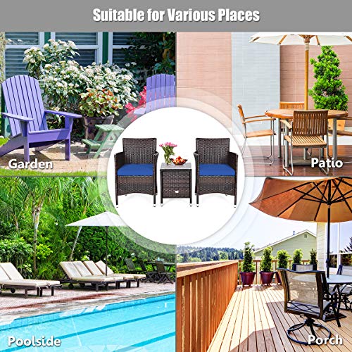 DORTALA 3 Piece Patio Furniture Set, Outdoor Rattan Conversation Set with Coffee Table, Chairs & Thick Cushions, Patio Sectional Sofa Set, Wicker Bistro Set for Patio Garden Lawn Backyard Pool, Navy