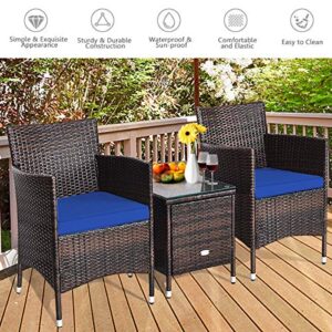 DORTALA 3 Piece Patio Furniture Set, Outdoor Rattan Conversation Set with Coffee Table, Chairs & Thick Cushions, Patio Sectional Sofa Set, Wicker Bistro Set for Patio Garden Lawn Backyard Pool, Navy