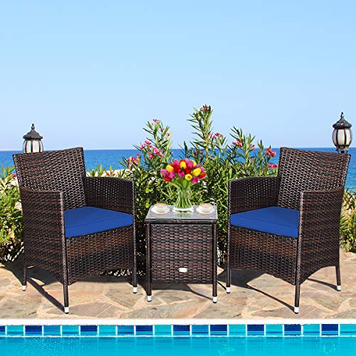 DORTALA 3 Piece Patio Furniture Set, Outdoor Rattan Conversation Set with Coffee Table, Chairs & Thick Cushions, Patio Sectional Sofa Set, Wicker Bistro Set for Patio Garden Lawn Backyard Pool, Navy