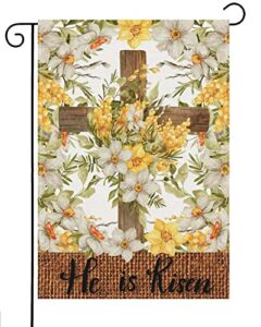 linen he is risen spring easter garden flag double sided welcome farmhouse yard outdoor decoration cross daffodil flower garden flag yard 12.5″ x 18″