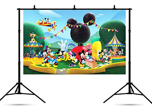 FQFMJDM Mickey Mouse Clubhouse Backdrop for Birthday Party Decorations Park Baby Shower Background Cake Table Supplies Theme Banner 5x3ft