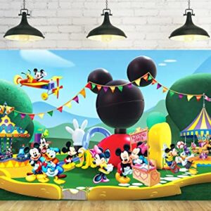 FQFMJDM Mickey Mouse Clubhouse Backdrop for Birthday Party Decorations Park Baby Shower Background Cake Table Supplies Theme Banner 5x3ft