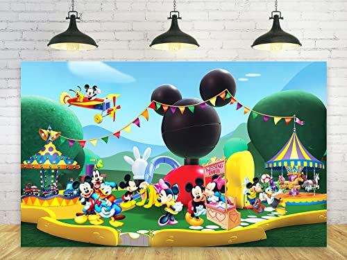 FQFMJDM Mickey Mouse Clubhouse Backdrop for Birthday Party Decorations Park Baby Shower Background Cake Table Supplies Theme Banner 5x3ft