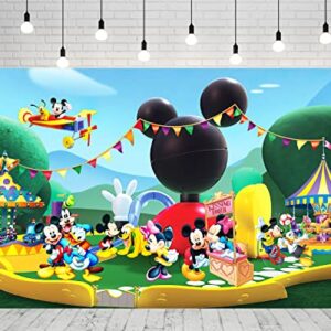 FQFMJDM Mickey Mouse Clubhouse Backdrop for Birthday Party Decorations Park Baby Shower Background Cake Table Supplies Theme Banner 5x3ft