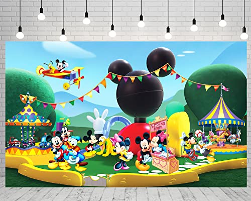 FQFMJDM Mickey Mouse Clubhouse Backdrop for Birthday Party Decorations Park Baby Shower Background Cake Table Supplies Theme Banner 5x3ft