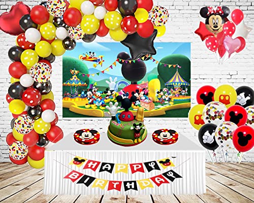 FQFMJDM Mickey Mouse Clubhouse Backdrop for Birthday Party Decorations Park Baby Shower Background Cake Table Supplies Theme Banner 5x3ft