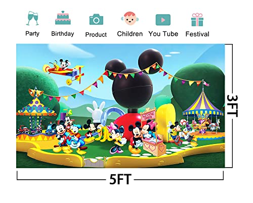 FQFMJDM Mickey Mouse Clubhouse Backdrop for Birthday Party Decorations Park Baby Shower Background Cake Table Supplies Theme Banner 5x3ft