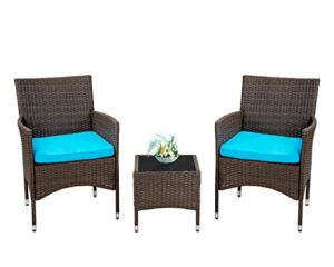 fdw outdoor patio furniture set，3 pieces wicker bistro set outdoor patio set rattan chair conversation sets patio sofa wicker table set for yard backyard lawn porch poolside balcony,blue cushion