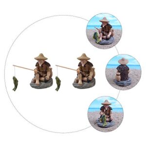 2Pcs Mini Fisherman Figurine, Miniature Resin Fisherman Bonsai Figurine, Fairy Garden Figurine for Garden Decor Micro Landscape Fish Tank Sand Fairy