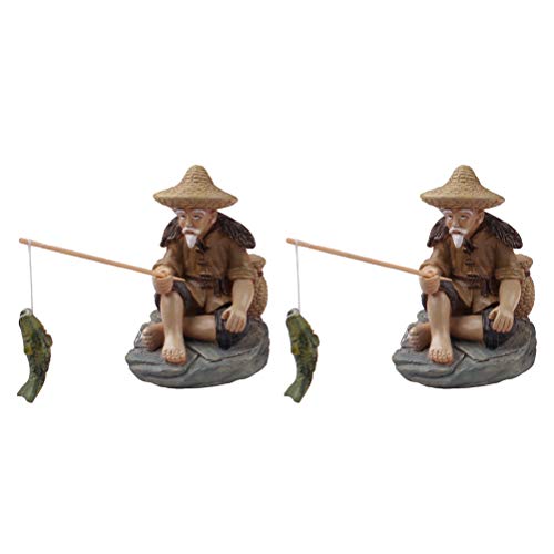 2Pcs Mini Fisherman Figurine, Miniature Resin Fisherman Bonsai Figurine, Fairy Garden Figurine for Garden Decor Micro Landscape Fish Tank Sand Fairy