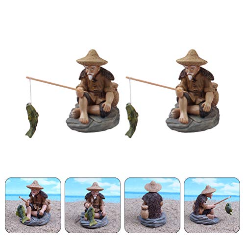 2Pcs Mini Fisherman Figurine, Miniature Resin Fisherman Bonsai Figurine, Fairy Garden Figurine for Garden Decor Micro Landscape Fish Tank Sand Fairy