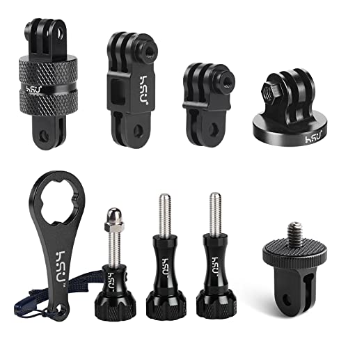 HSU All Aluminum Alloy Basic Adapter Grab Bag for GoPro, Including 1/4 inch 20 Tripod Mount, Rotation Camera Mount, Adjust Arm, Thumbscrew and Wrench（9 Pcs）