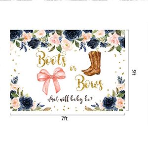 Lofaris Boots or Bows Gender Reveal Photography Backdrop He or She Baby Shower Background Navy Blue Floral What Will Baby Be Newborn Baby Party Decorations Cake Table Supplies Banner 7x5ft