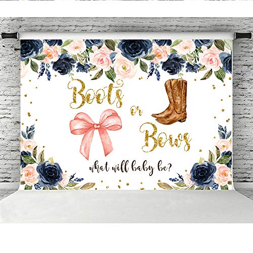 Lofaris Boots or Bows Gender Reveal Photography Backdrop He or She Baby Shower Background Navy Blue Floral What Will Baby Be Newborn Baby Party Decorations Cake Table Supplies Banner 7x5ft