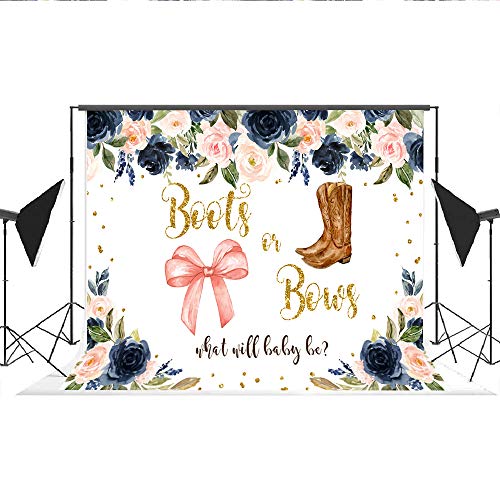 Lofaris Boots or Bows Gender Reveal Photography Backdrop He or She Baby Shower Background Navy Blue Floral What Will Baby Be Newborn Baby Party Decorations Cake Table Supplies Banner 7x5ft