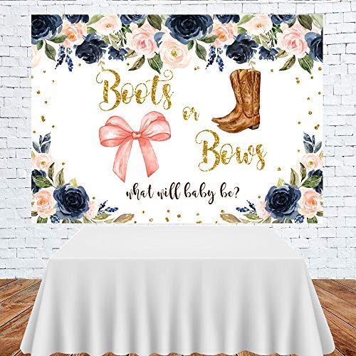 Lofaris Boots or Bows Gender Reveal Photography Backdrop He or She Baby Shower Background Navy Blue Floral What Will Baby Be Newborn Baby Party Decorations Cake Table Supplies Banner 7x5ft