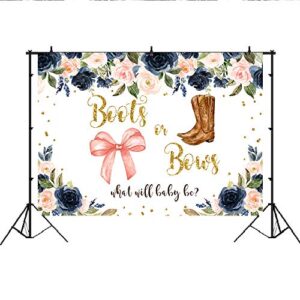 Lofaris Boots or Bows Gender Reveal Photography Backdrop He or She Baby Shower Background Navy Blue Floral What Will Baby Be Newborn Baby Party Decorations Cake Table Supplies Banner 7x5ft