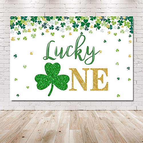 MEHOFOND 7x5ft St. Patrick's Day Happy First Birthday Party Decorations Photo Backdrop Lucky One Banner Green and Gold Shamrock Irish Supplies Spring March Photography Background Props for Cake Smash