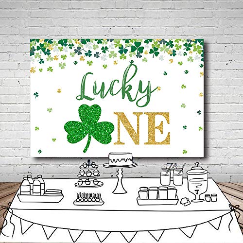 MEHOFOND 7x5ft St. Patrick's Day Happy First Birthday Party Decorations Photo Backdrop Lucky One Banner Green and Gold Shamrock Irish Supplies Spring March Photography Background Props for Cake Smash