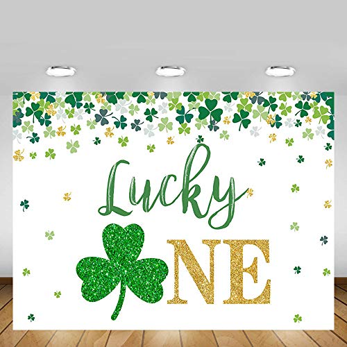 MEHOFOND 7x5ft St. Patrick's Day Happy First Birthday Party Decorations Photo Backdrop Lucky One Banner Green and Gold Shamrock Irish Supplies Spring March Photography Background Props for Cake Smash