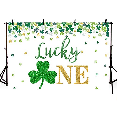 MEHOFOND 7x5ft St. Patrick's Day Happy First Birthday Party Decorations Photo Backdrop Lucky One Banner Green and Gold Shamrock Irish Supplies Spring March Photography Background Props for Cake Smash