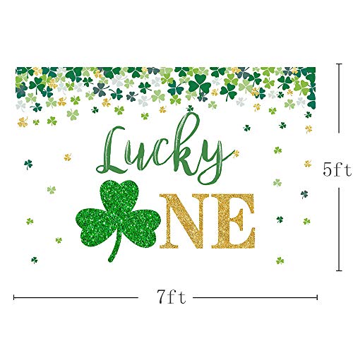 MEHOFOND 7x5ft St. Patrick's Day Happy First Birthday Party Decorations Photo Backdrop Lucky One Banner Green and Gold Shamrock Irish Supplies Spring March Photography Background Props for Cake Smash