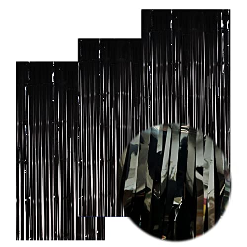 Black Foil Fringe Curtains, Black Streamers Backdrop, 3Packs 3.2ft x 8.2ft Black Tinsel Backdrop Curtains for Holiday Graduation Halloween Birthday Party Photo Booth Props Decorations