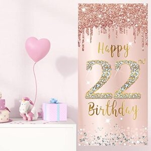 22nd Birthday Door Banner Decorations for Women, Pink Rose Gold Happy 22 Birthday Door Cover Sign Party Supplies, Twenty Two Year Old Birthday Backdrop Poster Background Decor