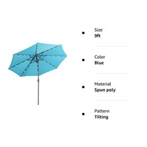 Aok Garden 9 ft Patio Umbrella with Solar Lights Outdoor 32 LED Table Aluminum Pole Umbrella 8 Ribs with Push Button Tilt and Crank for Market, Deck, Backyard and Pool (Blue)