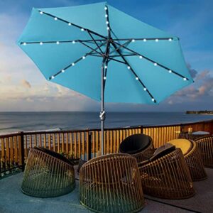 Aok Garden 9 ft Patio Umbrella with Solar Lights Outdoor 32 LED Table Aluminum Pole Umbrella 8 Ribs with Push Button Tilt and Crank for Market, Deck, Backyard and Pool (Blue)