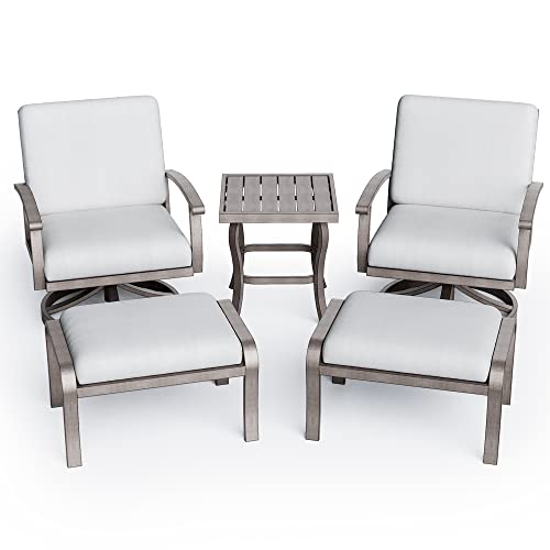 HAPPATIO 5 Piece Aluminum Outdoor Patio Furniture Set, Swivel Rocker Patio Chairs with Ottomans and Side Table, Balcony Furniture, Patio Conversation Set for Porch Garden (Gray)