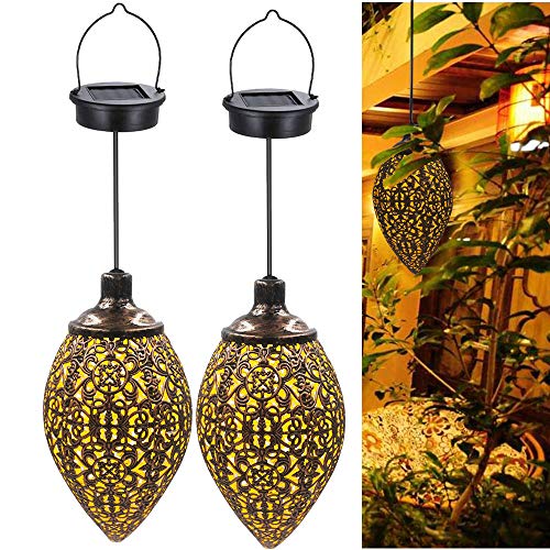 2 Pcs Hanging Solar Lights Solar-Powered Lantern LED Garden Lights Metal Lamp Waterproof for Outdoor Hanging Decor