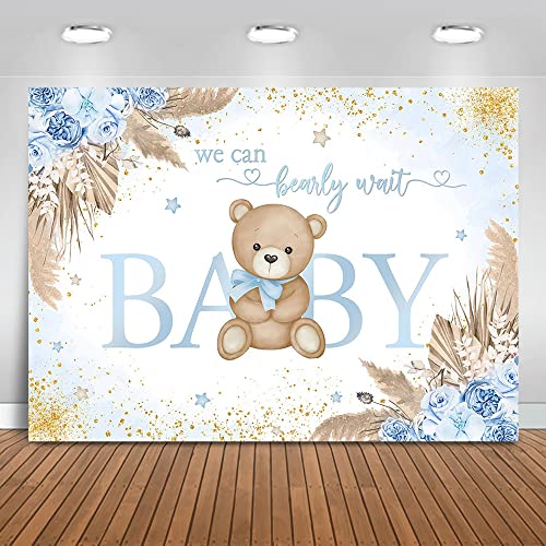 Mocsicka Boy Bear Baby Shower Backdrop Blue Boho Pampas Grass Baby Shower Background We Can Bearly Wait Baby Shower Party Cake Table Decoration Photo Booth Props (7x5ft)