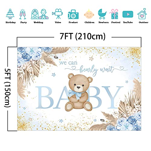 Mocsicka Boy Bear Baby Shower Backdrop Blue Boho Pampas Grass Baby Shower Background We Can Bearly Wait Baby Shower Party Cake Table Decoration Photo Booth Props (7x5ft)