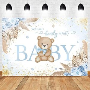 Mocsicka Boy Bear Baby Shower Backdrop Blue Boho Pampas Grass Baby Shower Background We Can Bearly Wait Baby Shower Party Cake Table Decoration Photo Booth Props (7x5ft)