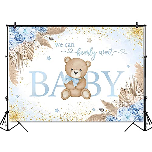 Mocsicka Boy Bear Baby Shower Backdrop Blue Boho Pampas Grass Baby Shower Background We Can Bearly Wait Baby Shower Party Cake Table Decoration Photo Booth Props (7x5ft)