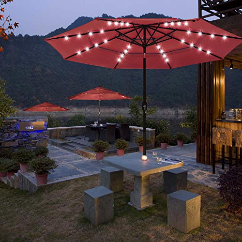 Yescom 10ft 3 Tier UV70+ Solar Powered Patio Umbrella with LED Crank Tilt Button Outdoor Home Garden Yard Deck