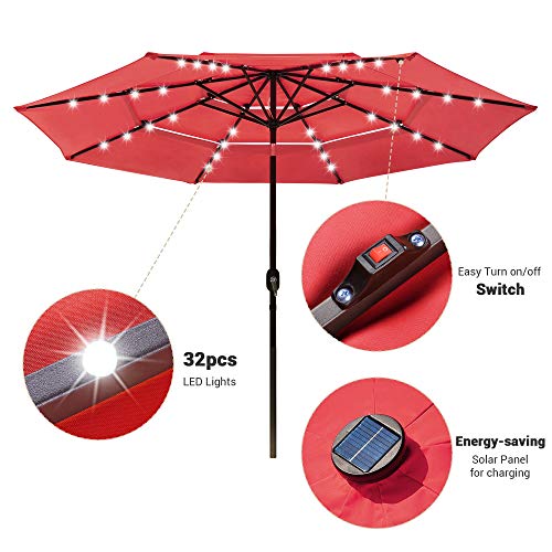 Yescom 10ft 3 Tier UV70+ Solar Powered Patio Umbrella with LED Crank Tilt Button Outdoor Home Garden Yard Deck