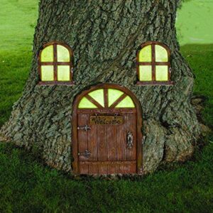 ALLADINBOX Miniature Fairy Gnome Home Window and Door with Welcome Sign for Trees Decoration, Glow in Dark Fairies Sleeping Door and Windows, Yard Art Garden Sculpture Lawn Ornament Halloween Decor