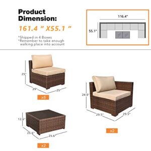 Patiorama 10 Piece Outdoor Patio Furniture Set, Patio Sectional Sofa Set, All-Weather Brown PE Wicker with Beige Cushions, Outdoor Backyard Porch Garden Poolside Balcony Furniture Sets