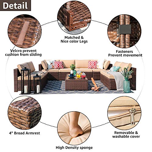 Patiorama 10 Piece Outdoor Patio Furniture Set, Patio Sectional Sofa Set, All-Weather Brown PE Wicker with Beige Cushions, Outdoor Backyard Porch Garden Poolside Balcony Furniture Sets