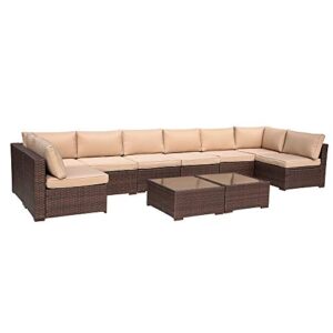 Patiorama 10 Piece Outdoor Patio Furniture Set, Patio Sectional Sofa Set, All-Weather Brown PE Wicker with Beige Cushions, Outdoor Backyard Porch Garden Poolside Balcony Furniture Sets