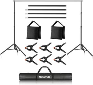 neewer backdrop stand 10ft x 7ft, adjustable photo studio backdrop support system for wedding parties background portrait photography with 4 crossbars, 6 clamps, 2 black sandbags and carrying bag