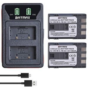 batmax 2pcs nb-2l nb-2lh battery + built-in usb led charger for canon powershot g7 g9 s80 s70 s60 s50 s45 s40 s30, canon dc410 dc420 eos 350d 400d digital rebel xt xti, vixia hf r10