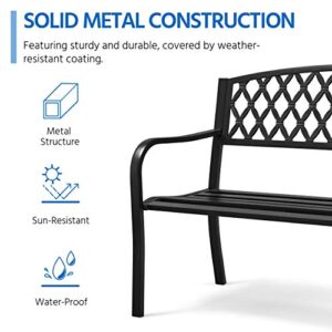 Yaheetech Outdoor Park Garden Bench Patio Porch Bench, Iron Metal Bench with Mesh Back and Slatted Seat for Yard, Front Porch, Backyard, Lawn, Path, Deck, Work, Entryway, Black