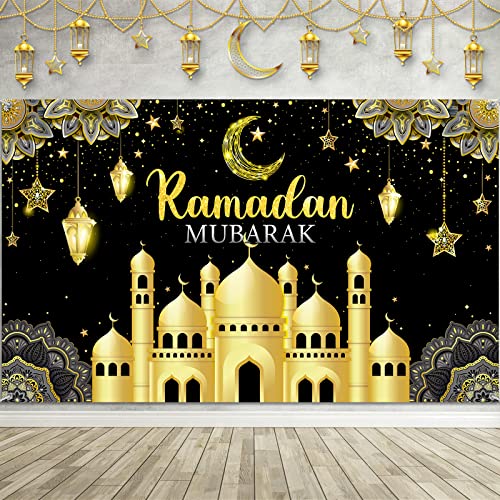 Ramadan Mubarak Decorations Backdrop Banner Muslim Ramadan Kareem Background Eid Mubarak Sign Photo Booth Backdrop Background for Home Muslim Ramadan Eid Al Fitr Party Supplies (Black)