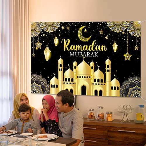 Ramadan Mubarak Decorations Backdrop Banner Muslim Ramadan Kareem Background Eid Mubarak Sign Photo Booth Backdrop Background for Home Muslim Ramadan Eid Al Fitr Party Supplies (Black)