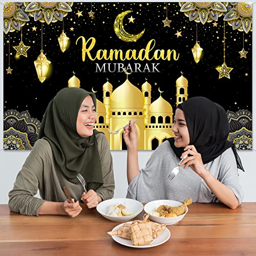 Ramadan Mubarak Decorations Backdrop Banner Muslim Ramadan Kareem Background Eid Mubarak Sign Photo Booth Backdrop Background for Home Muslim Ramadan Eid Al Fitr Party Supplies (Black)