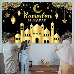 Ramadan Mubarak Decorations Backdrop Banner Muslim Ramadan Kareem Background Eid Mubarak Sign Photo Booth Backdrop Background for Home Muslim Ramadan Eid Al Fitr Party Supplies (Black)